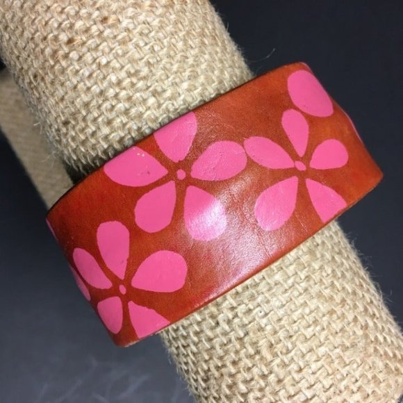 Vintage | Jewelry | Leather Cuff Bracelet As Is Barbie Pink Flower Rust ...